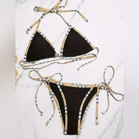Swim | Black Check Trim Triangle Halter Tie Side Bikini Set | Poshmark